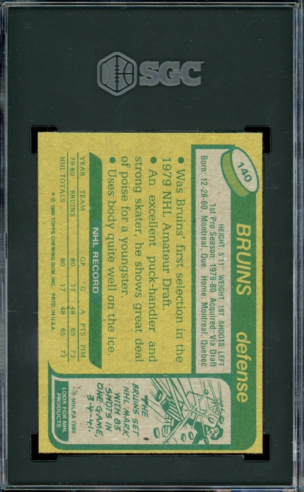 1980-81 TOPPS NHL #140 Ray Bourque Rookie SGC 7.5 NM + Unscratched ...