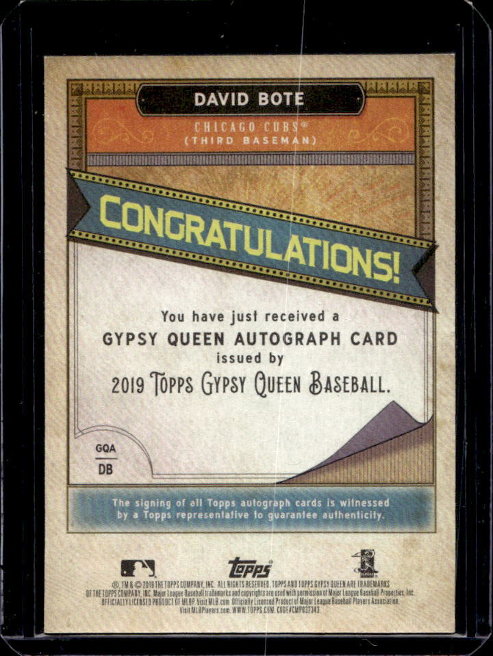 2019 Topps Gypsy Queen David Bote Autograph Auto #GQA-DB Chicago Cubs ...