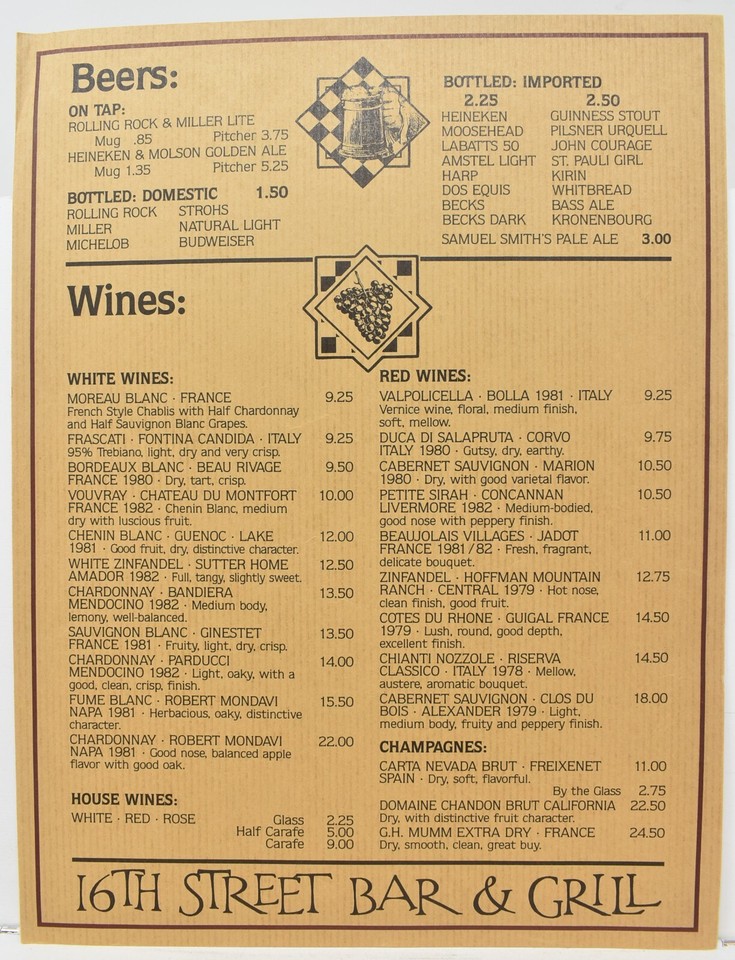 Vintage 1980s 16th Street Bar & Grill Restaurant Menu Philadelphia ...