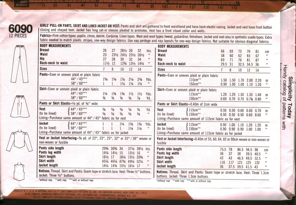 6090 Vintage Simplicity Sewing Pattern Girls Pull on Pants Skirt Lined ...