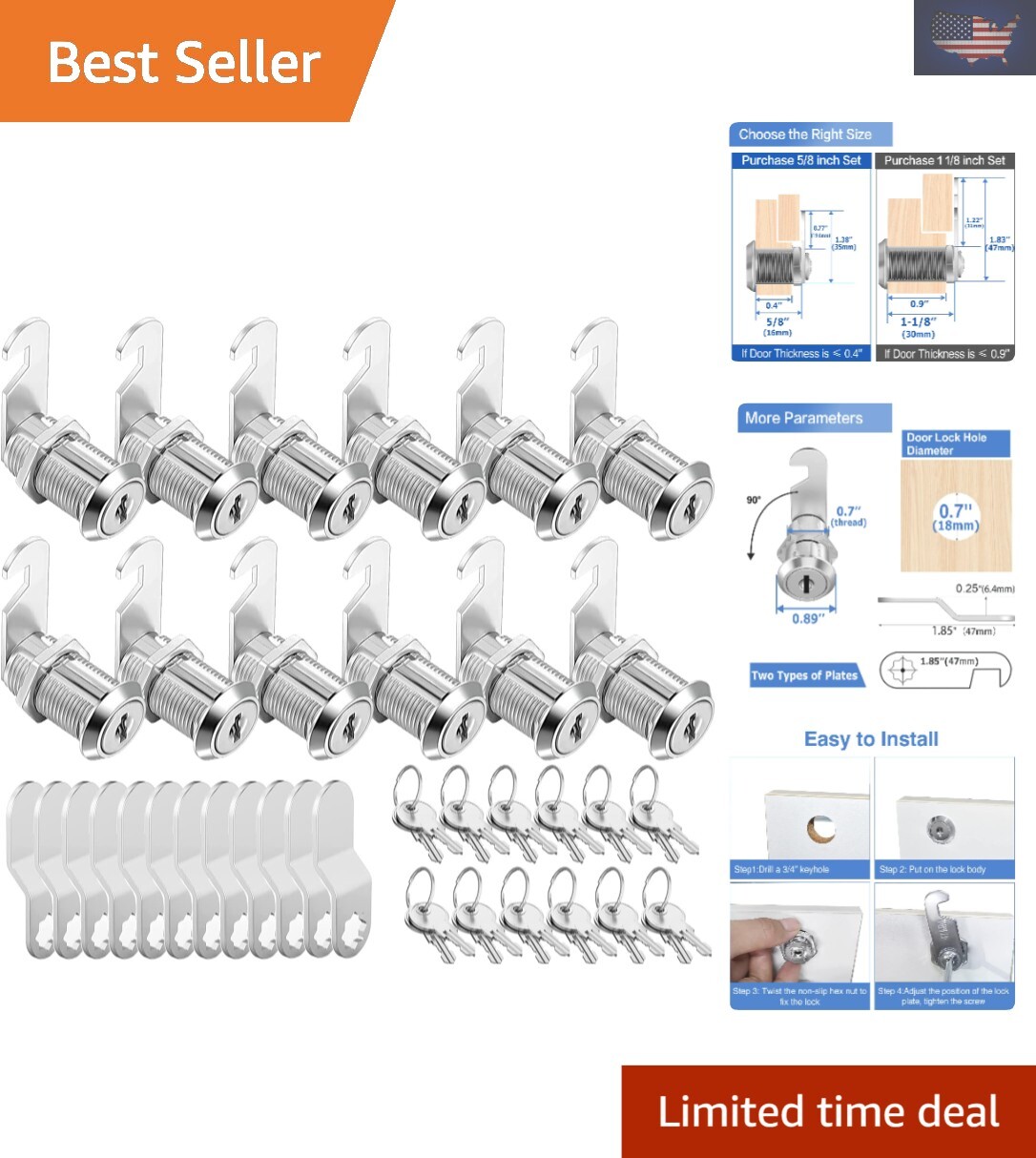 Cam Locks Cabinet Locks Keyed Alike,1-1/8Inch Cylinder Fits on 0.9Inch ...