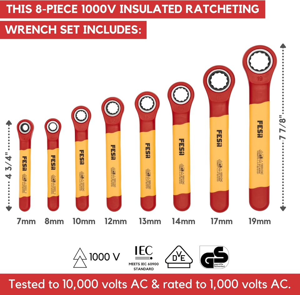 FESA Insulated Ratchet Wrench Set - 8-Piece 1000V Box Wrench Set with ...