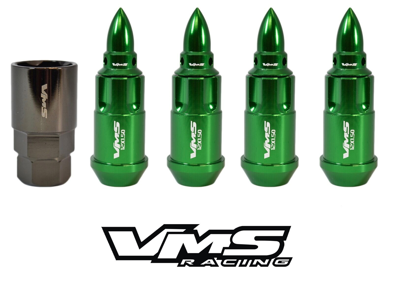 16 GREEN VMS RACING 60MM SPIKE 12X1.5 ALUMINUM WHEEL LOCKING LOCKS LUG ...