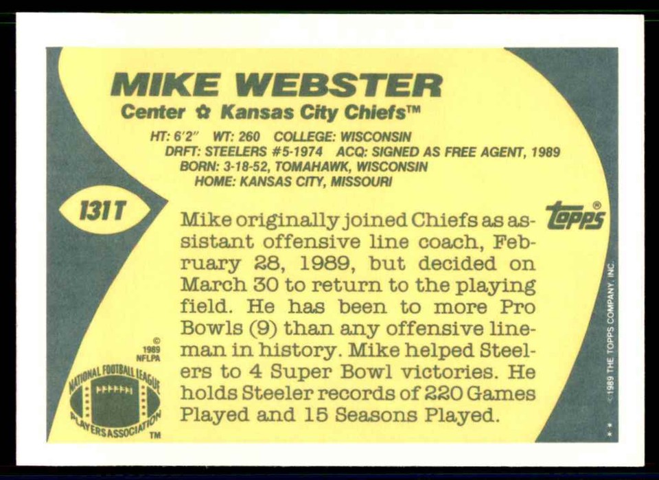 1989 Topps Traded Series Mike Webster Kansas City Chiefs #131T | eBay