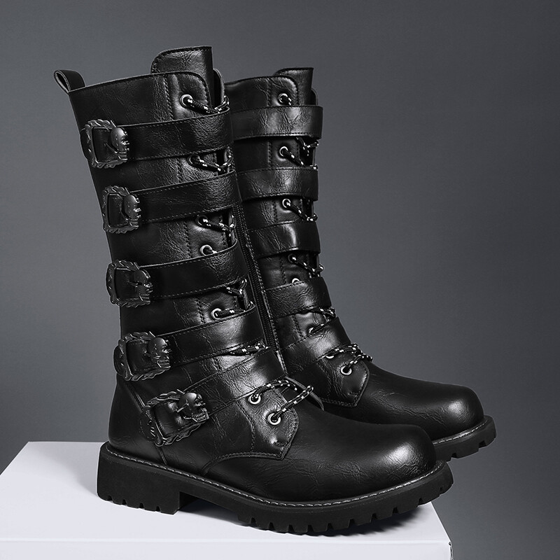 Men's Knee-High Mid Calf Boots Lace Up Buckle Outdoor Motorcycle Punk ...