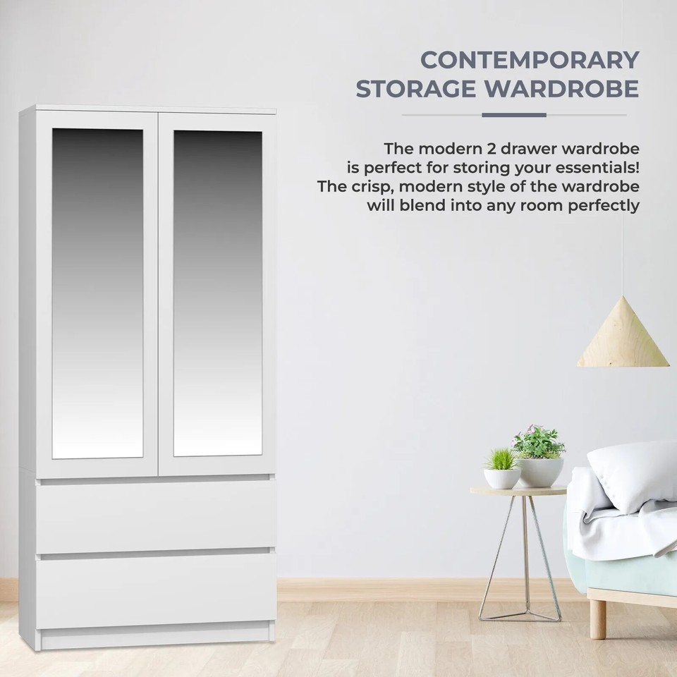 Modern White Wardrobe 2 Door Storage with Shelves, Hanging Rail and 2 ...