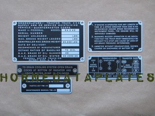 FEDERAL 94X43 TRACTOR SET DATA PLATES WW2 COE TRUCK AUTOCAR U-7144-T | eBay