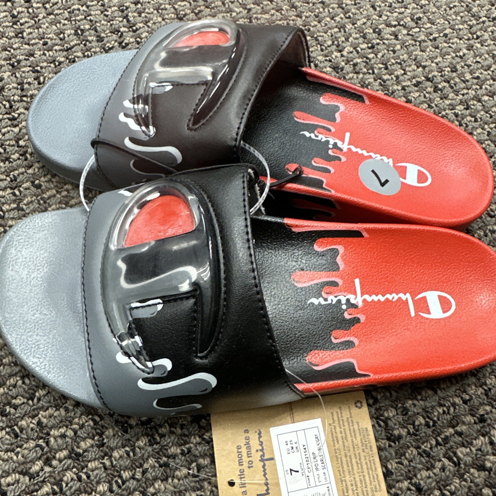 CHAMPION Youth IPO Drip Slide Sandals sz 7Y Black Red Gray | eBay