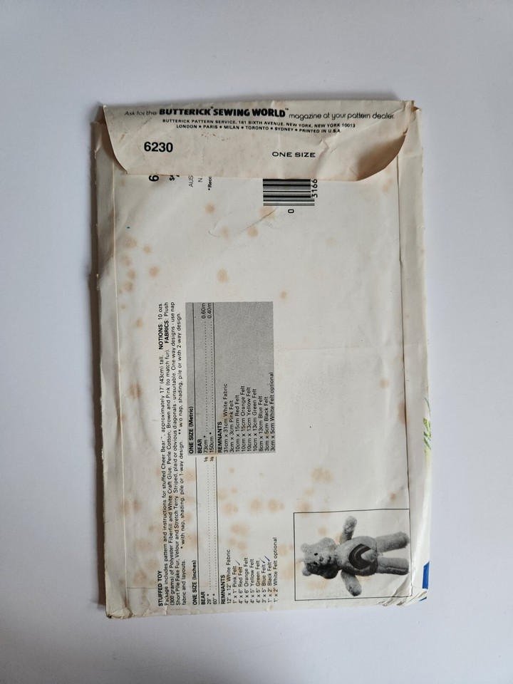 Vintage 1983 Butterick Pattern #6230 Cheer Bear Care Bears UNCUT | eBay