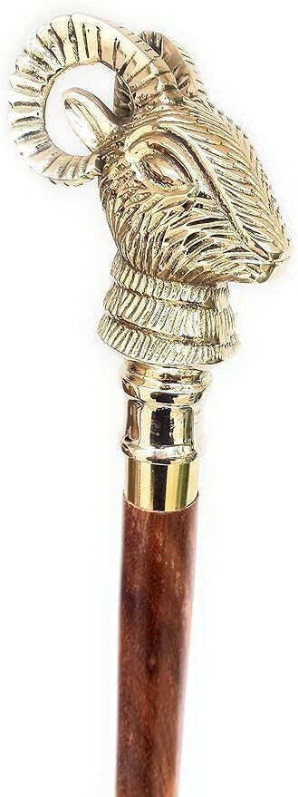 Brass Goat Head Handle Wood Walking Stick Brass Handl… - Gem