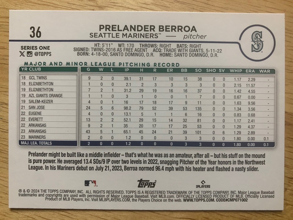 Prelander Berroa RC 2024 Topps Series 1 Seattle Mariners #36 Rookie ...