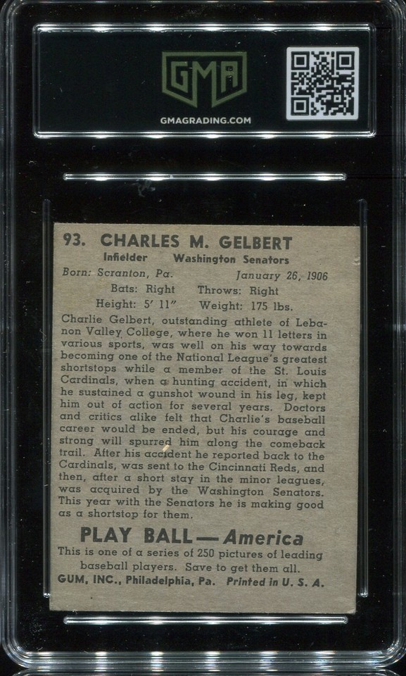 1939 Play Ball R334 #93 Charlie Gelbert Washington Senators - Rookie ...