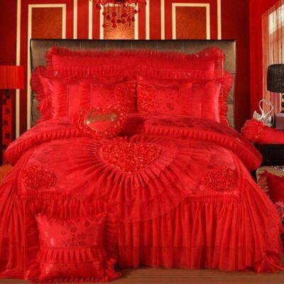 Lace Red Pink Wedding Luxury Royal Bedding Set Bedspread Flat Sheet ...