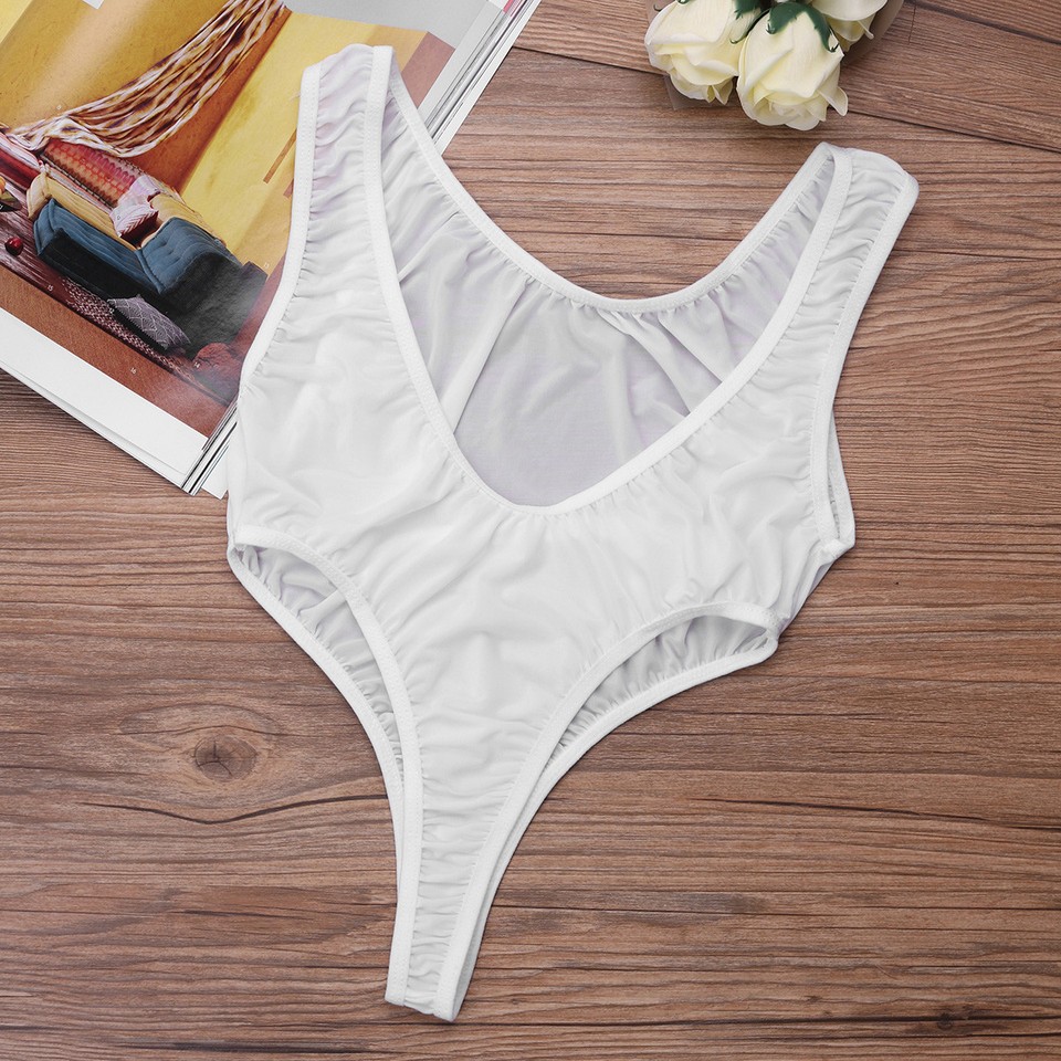 Women Sexy Sheer See Through One Piece High Cut Bodysuit Thong Swimsuit