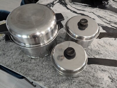 Vintage 3 Lifetime T304 Stainless Steel Pans Pots + Lids 6 Pcs 6 3 & 2 ...