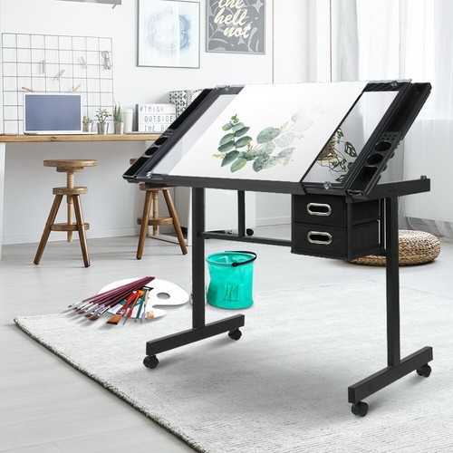 Drafting Drawing Craft Table Adjustable Tilt Castors Art Glass Desk ...