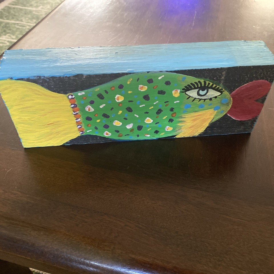FUNKY FISH Painting Reclaimed Wood Lake Beach Decor Colorful - Double ...