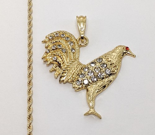 Gold Plated Rooster Chicken Pendant 2mm Necklace Chain Chinese Zodiac ...