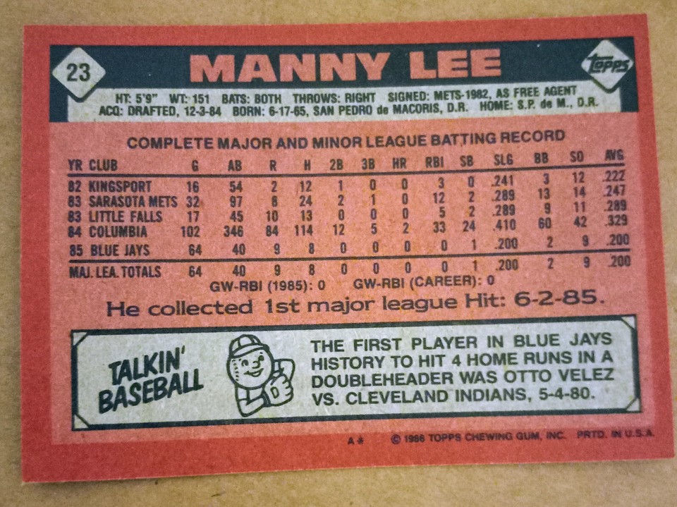 1986 Topps MANNY LEE Baseball Card #23. TORONTO BLUE JAYS... | eBay