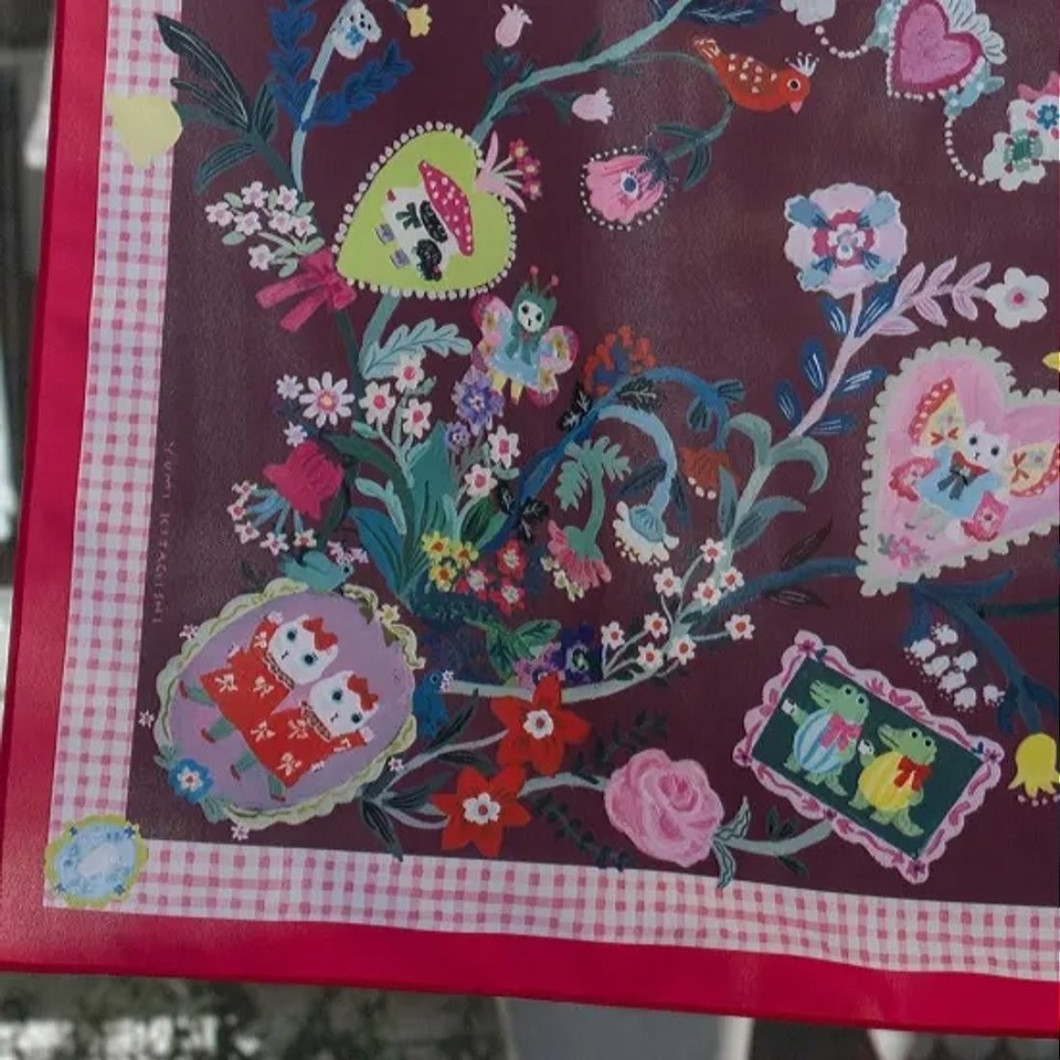 Yumi Kitagishi Illustrated Scarf 100% Polyester Color Pink & Greer ...