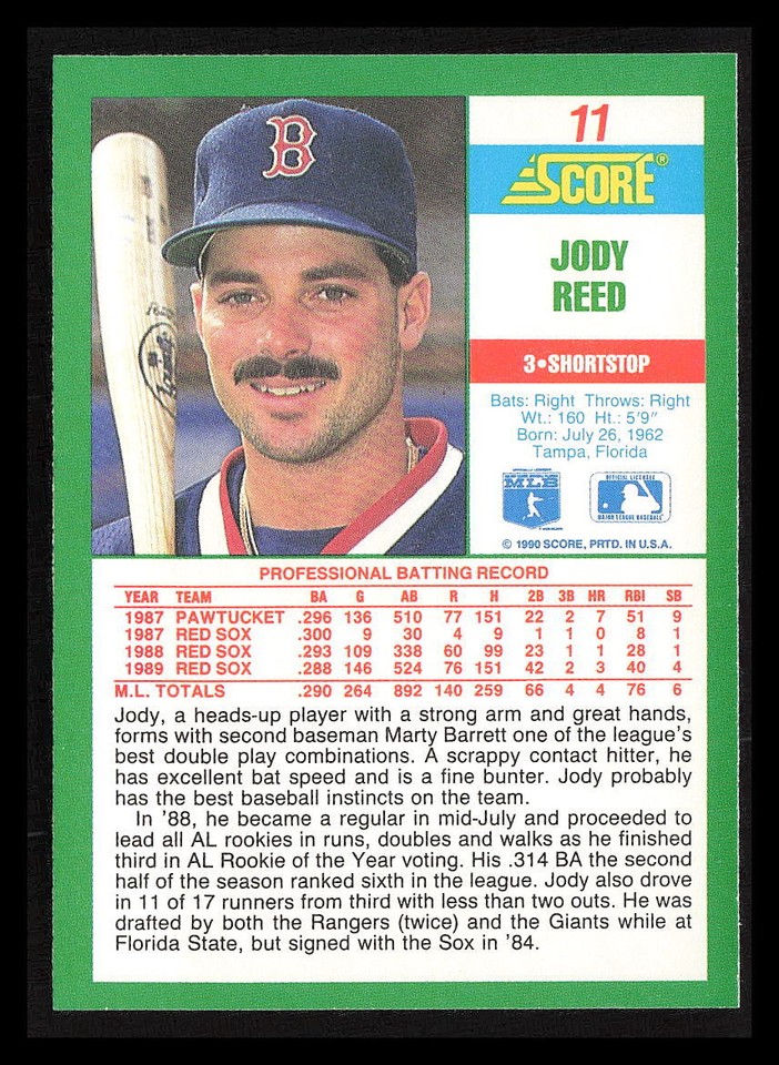 Jody Reed 1990 Score #11 Boston Red Sox | eBay