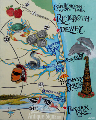Delaware Beaches Map style Print decor lewes vintage style bethany ...