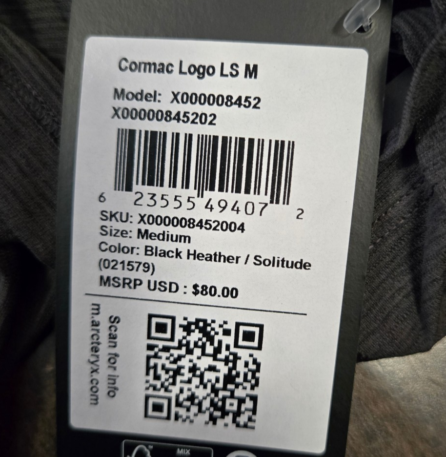 Arcteryx Cormac Logo Long Sleeve TEE Black Heather New with Tag | eBay