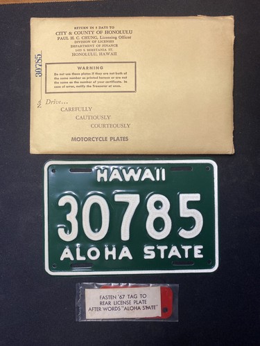 VINTAGE 1967 HAWAII ALOHA STATE MOTORCYCLE LICENSE PLATE W/RED TAG ...