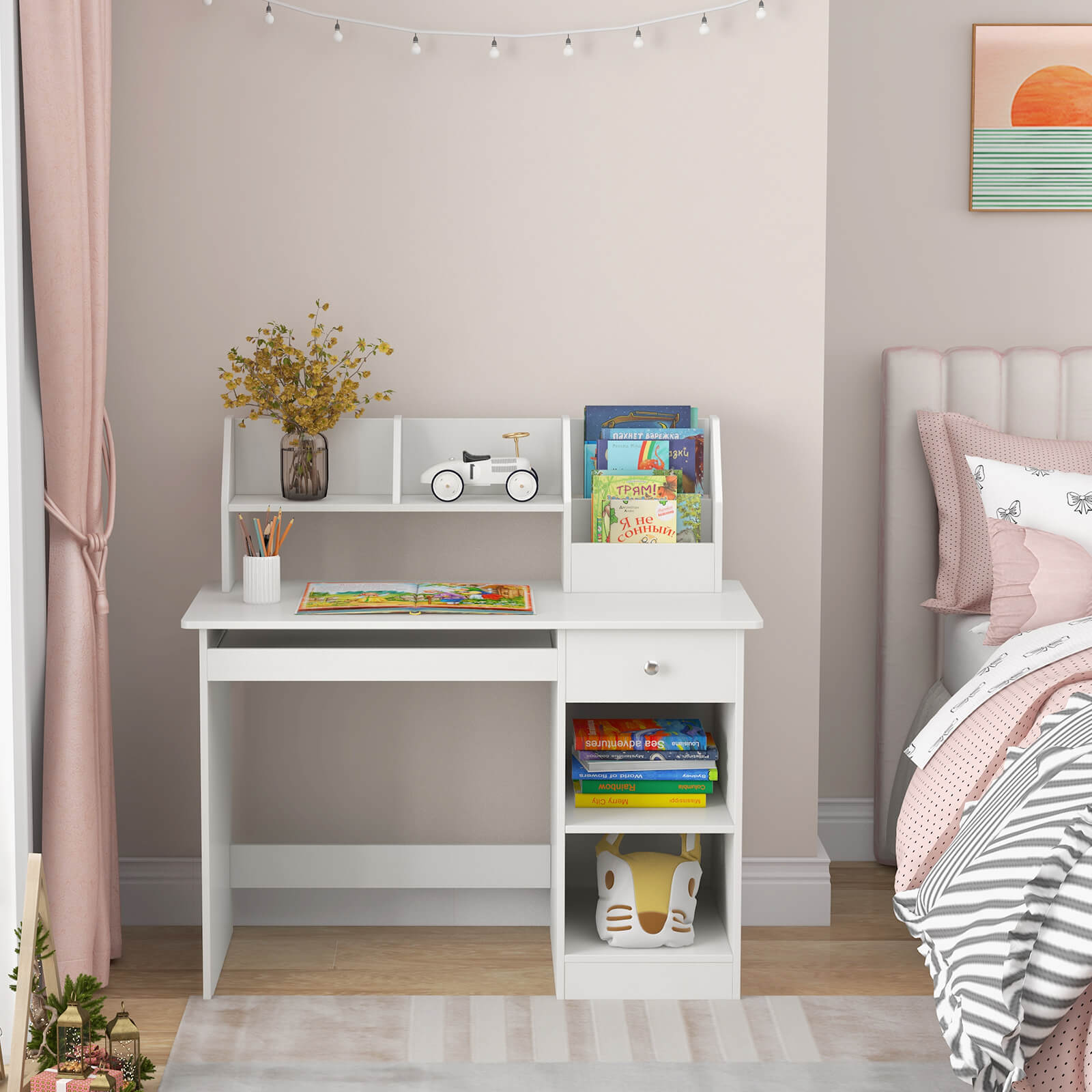 Kids Study Desk Children Writing Table w/ Hutch Drawer Shelves ...