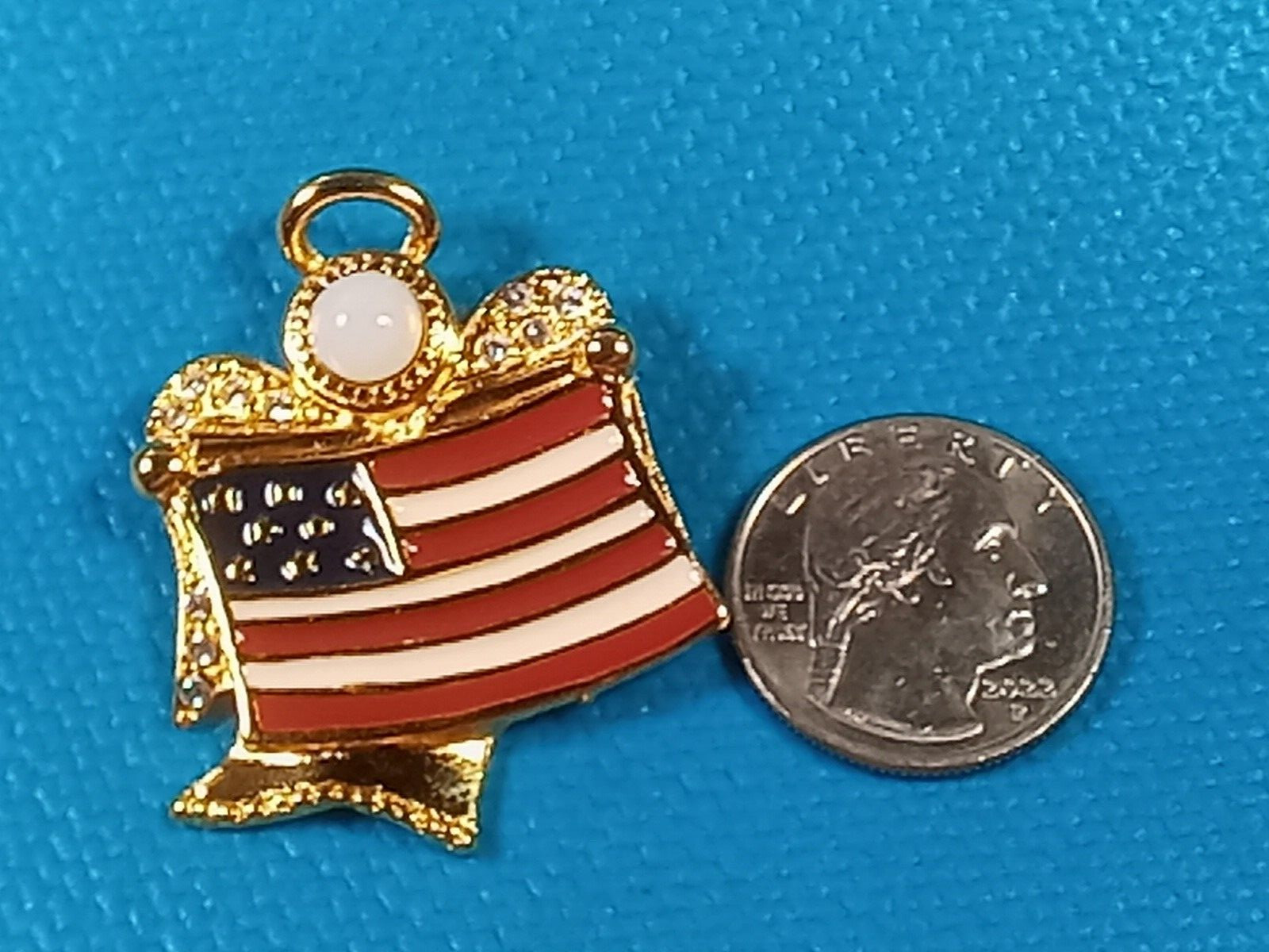 Vintage KC Angel w/USA Flag Gold tone Enamel Clear Rh… - Gem
