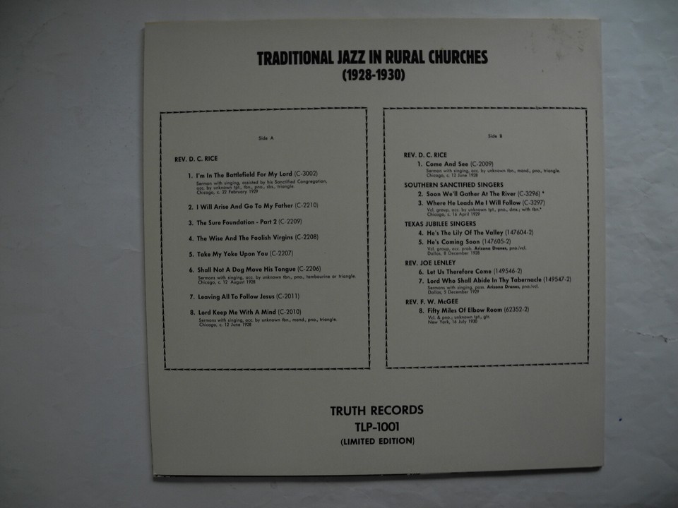 Traditional Jazz In Rural Churches LP 1971 Germany EX+ REVEREND D.C ...