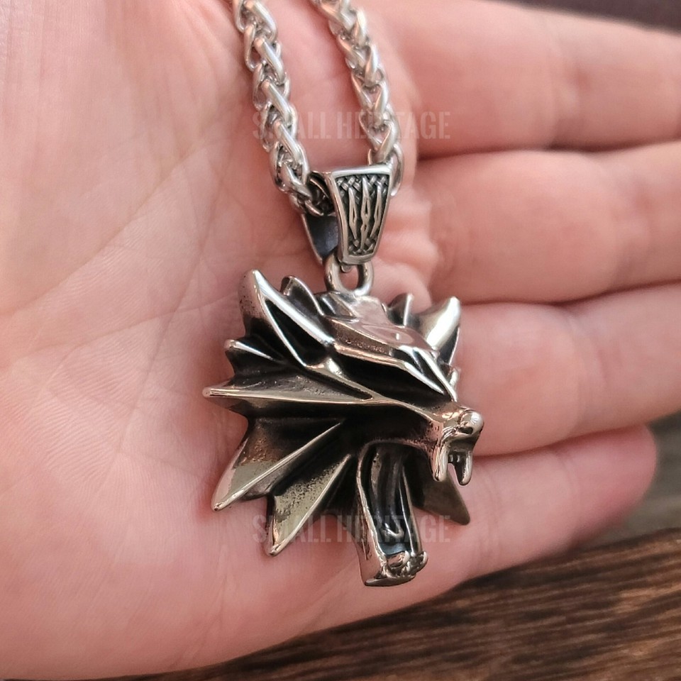Wolf Head Witcher Necklace Stainless Steel Large Pendant Chain Wizard ...