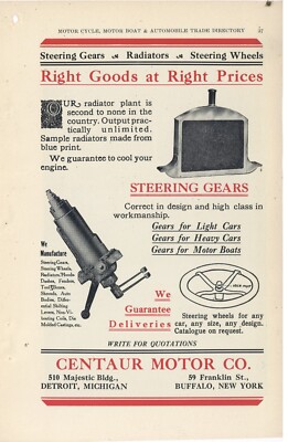 1910 Centaur Motor Co Ad: Steering Gears, Auto Parts - Buffalo New York ...