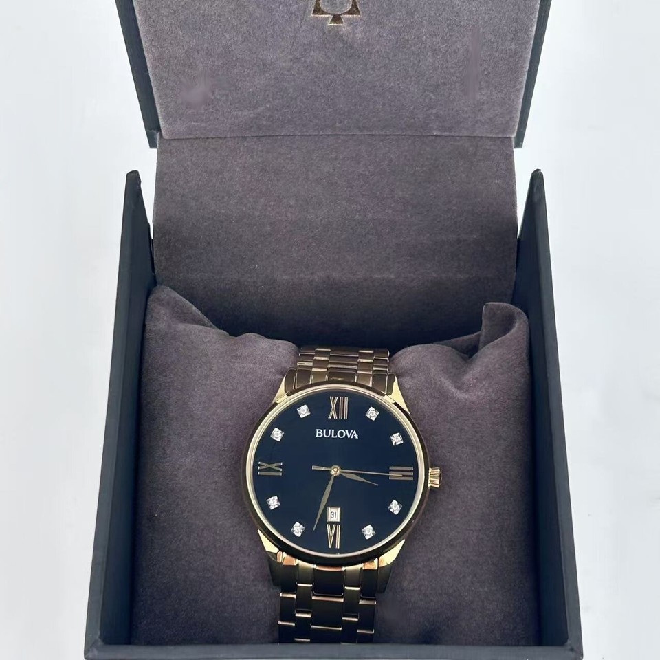 Bulova 97D108 Diamond Black Dial Gold Bracelet Classic Men's Quartz ...