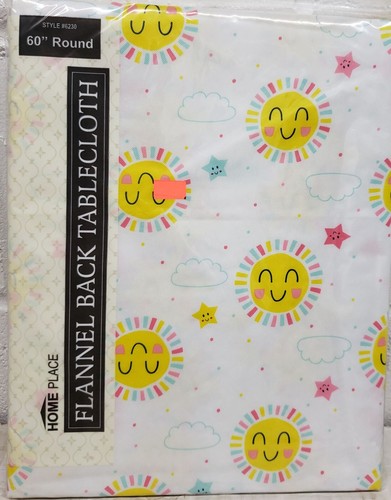 FLANNEL BACK VINYL TABLECLOTH 60" Round (4-6 people) SMILEY FACES ...