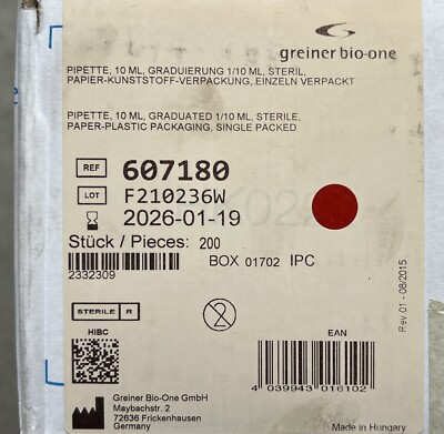 GREINER BIO-ONE 10 ML GRADUATED STERILE PIPETTES (CASE OF 500) | eBay