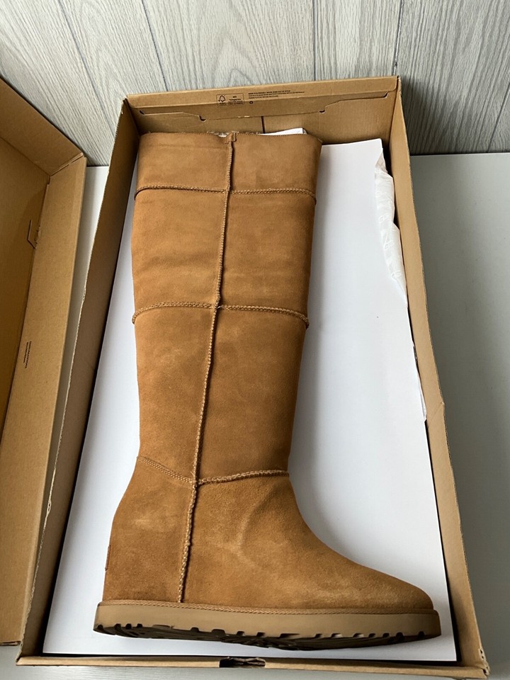 UGG CLASSIC FEMME OVER THE KNEE OTK CHESTNUT SUEDE FUR WEDGE TALL BOOTS ...