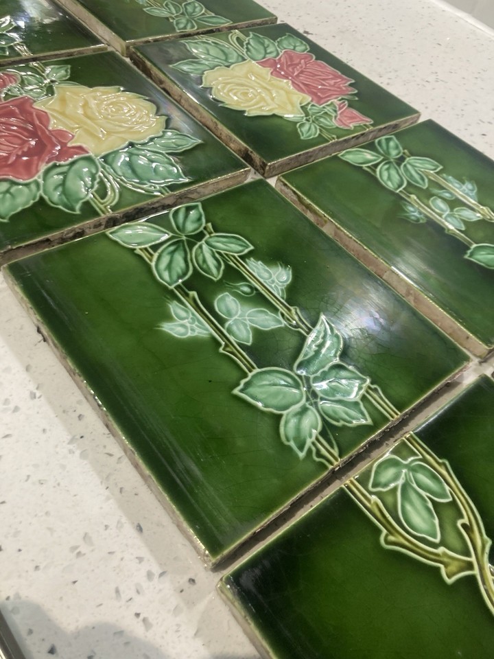 Set 10 Antique Fireplace Fire Tiles Tile Set Green Victorian Art ...