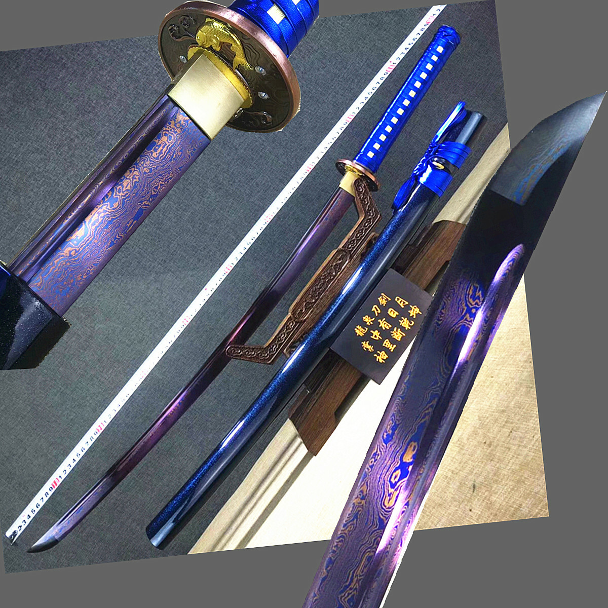 Japanese Sword Samurai Katana Sharp Blue Folded Damascus Steel Blade ...