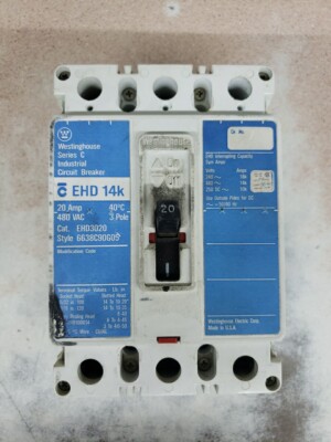 Cutler Hammer EHD3020 Circuit Breaker EHD14K 20Amp 3 Pole 480V Damaged ...