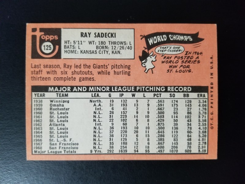 RAY SADECKI 1969 TOPPS BASEBALL CARD #125 SAN FRANCISCO GIANTS | eBay