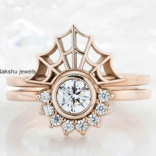 Moissanite Bridal Set Engagement Ring 14K Rose Gold Spider Web Band 2 ...