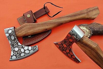 Cabin Axe, 15" carbon steel Bearded hiking axe with skull etching, Cow ...
