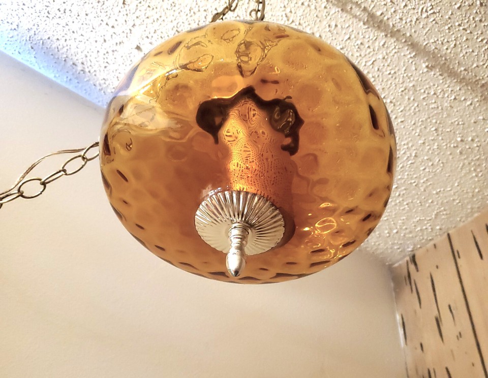 VTG Mid Century Modern Space Age UFO Amber Glass Hanging Swag Lamp ...