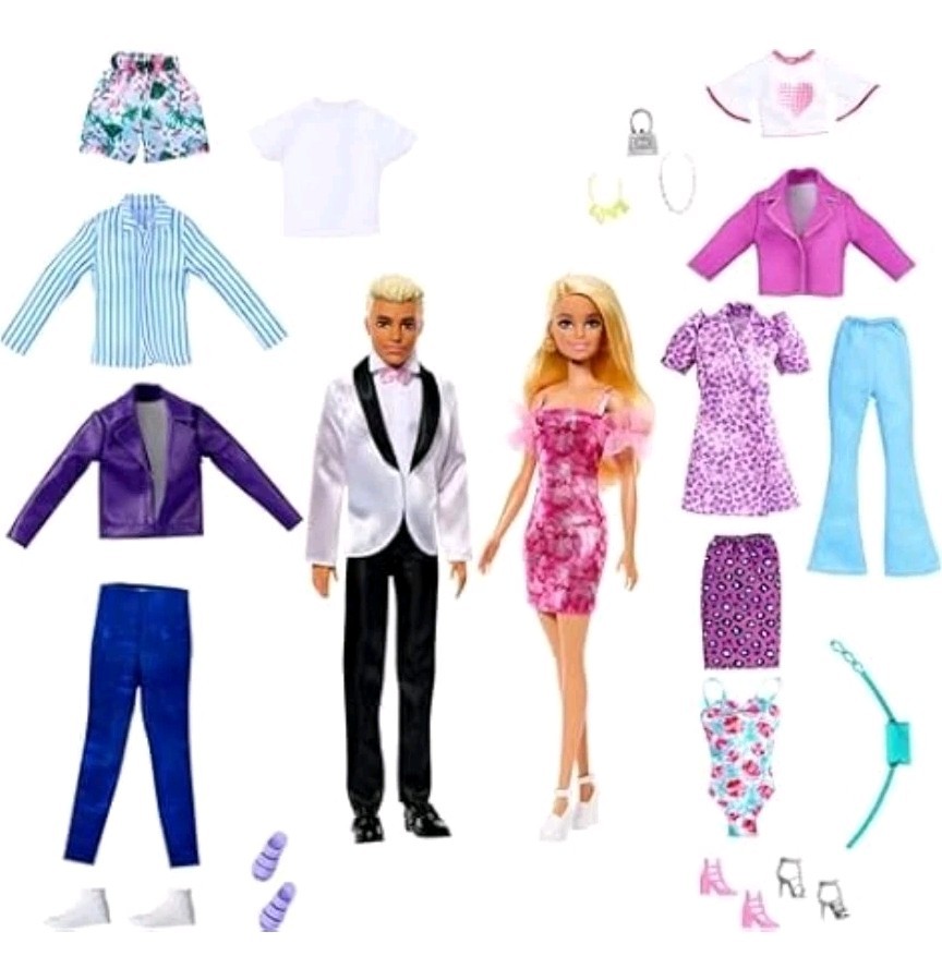 Barbie & Ken Doll Set with 2 Fashion Dolls, Clothes & Accessories Mix ...