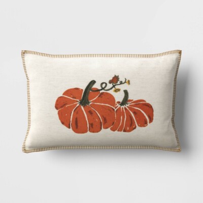 Printed Pumpkin with Blanket Stitch Edge Throw Pillow Light Beige ...