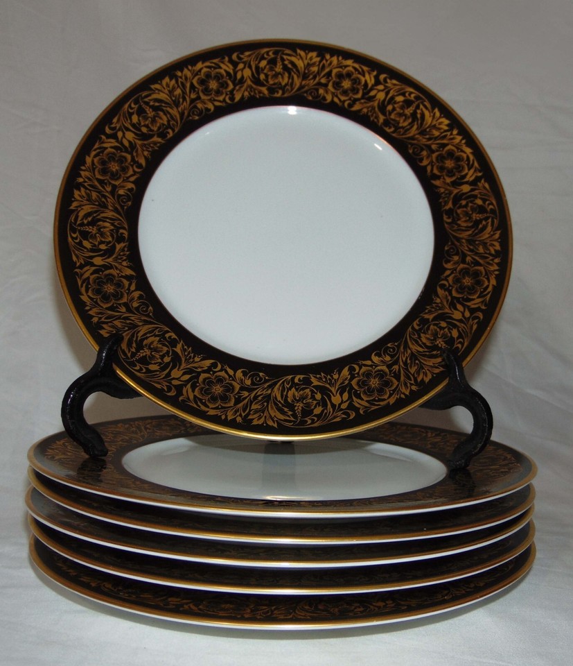 6 Furstenberg German Monarch Black Gold 10 1/2" Porcelain Dinner Plates ...