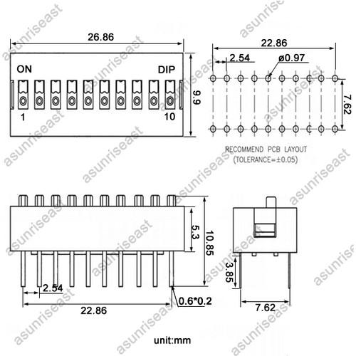 10 x Red 10 Bit 10P Position 2.54mm Pitch Toggle Switch PCB DIP Ping ...