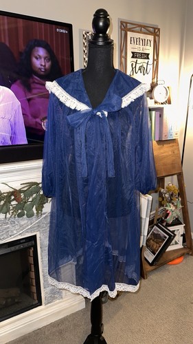 SHEER Vintage Navy Blue CHIFFON Silky BABYDOLL Robe Tie Neck Lace S/M ...