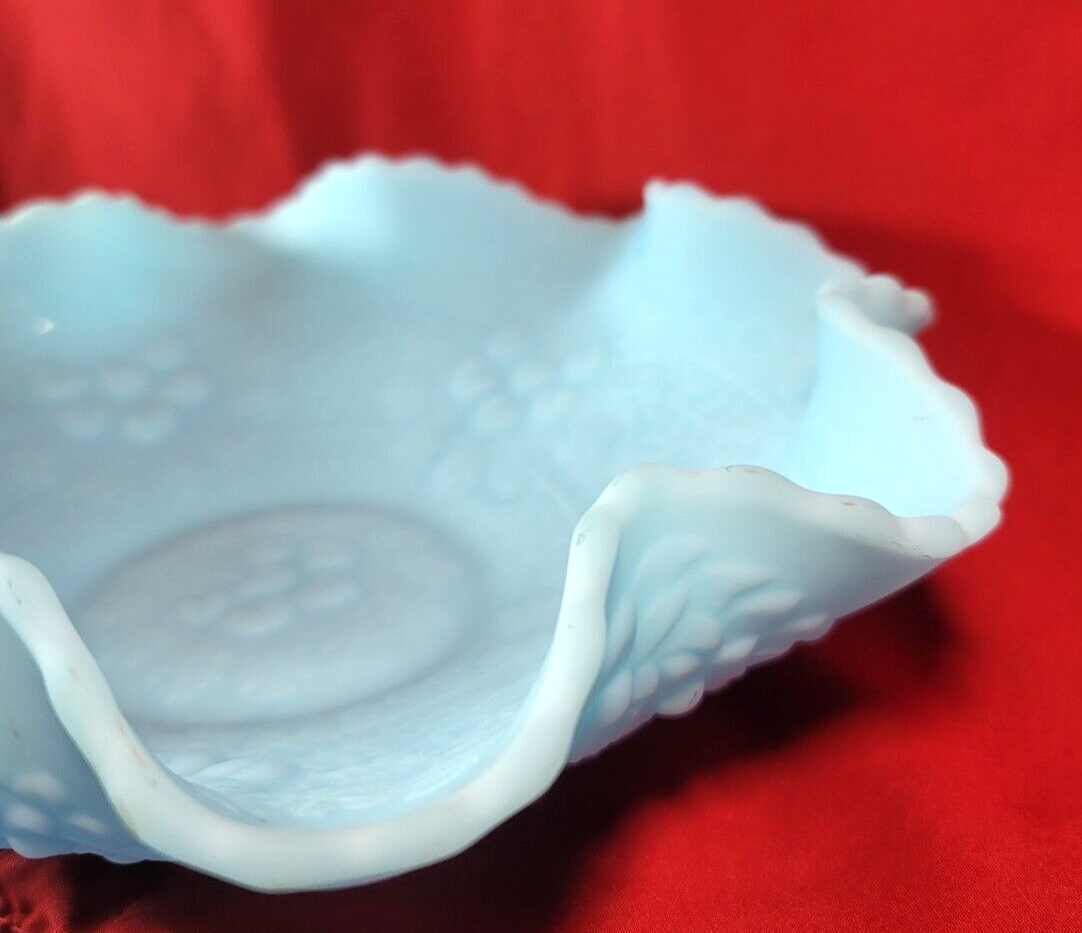 Vintage FENTON Bowl Blue Satin Glass Cherry Orange Orchard Ruffled ...